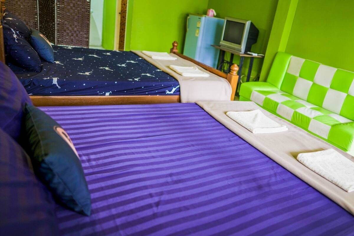 Quarto com duas camas, uma com colcha listrada roxa e outra com colcha azul com estrelas brancas. Há um sofá quadriculado verde e branco e uma pequena televisão sobre um suporte.