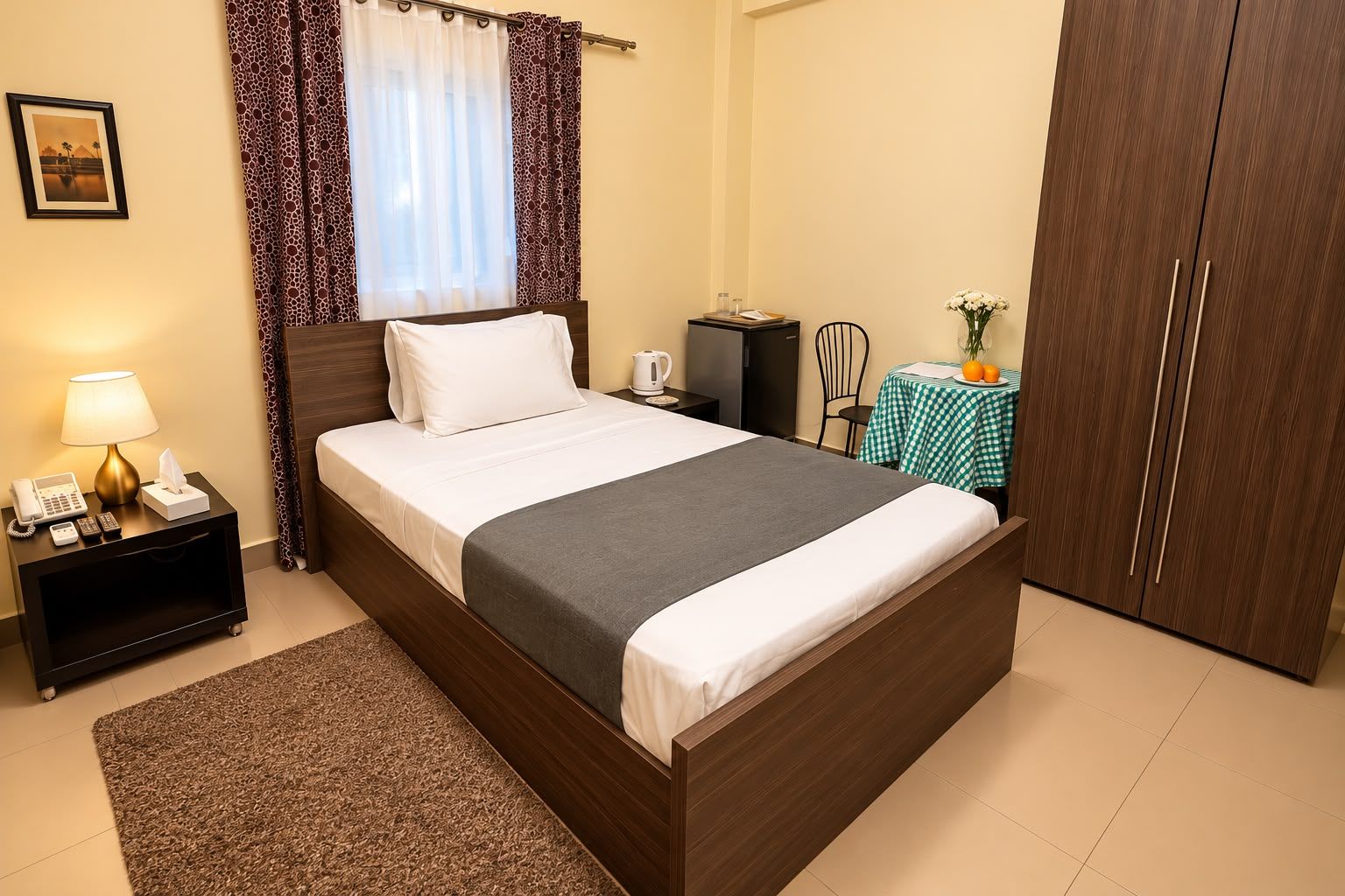 Quarto de hotel com cama, mesa de cabeceira com abajur e telefone, mesa coberta com toalha quadriculada e guarda-roupa.