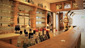 Uma área de bar com prateleiras de copos e garrafas, balcão de madeira e uma fonte decorativa.