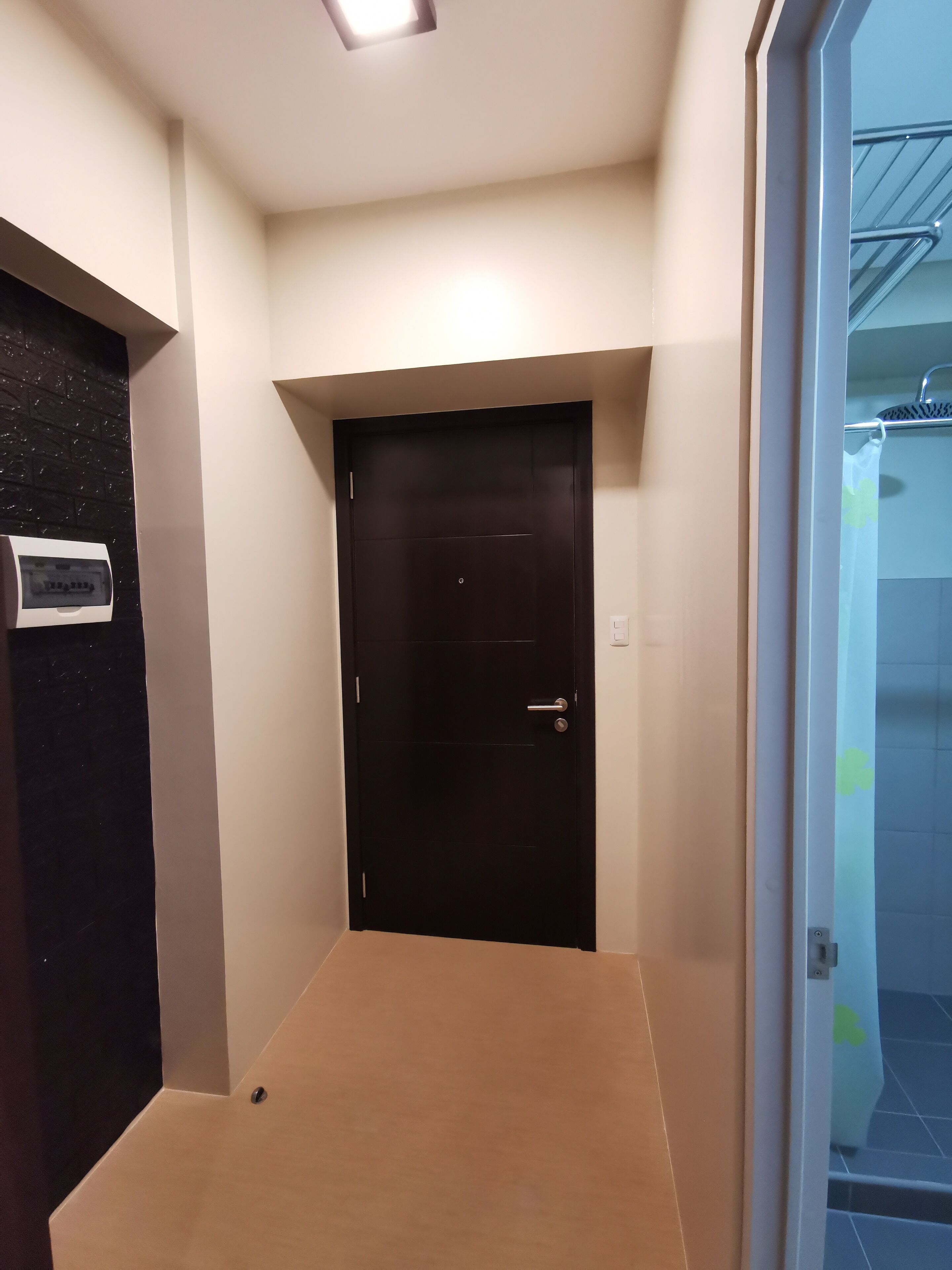 Um corredor com uma porta escura, um interruptor de luz e uma pequena abertura na parede.