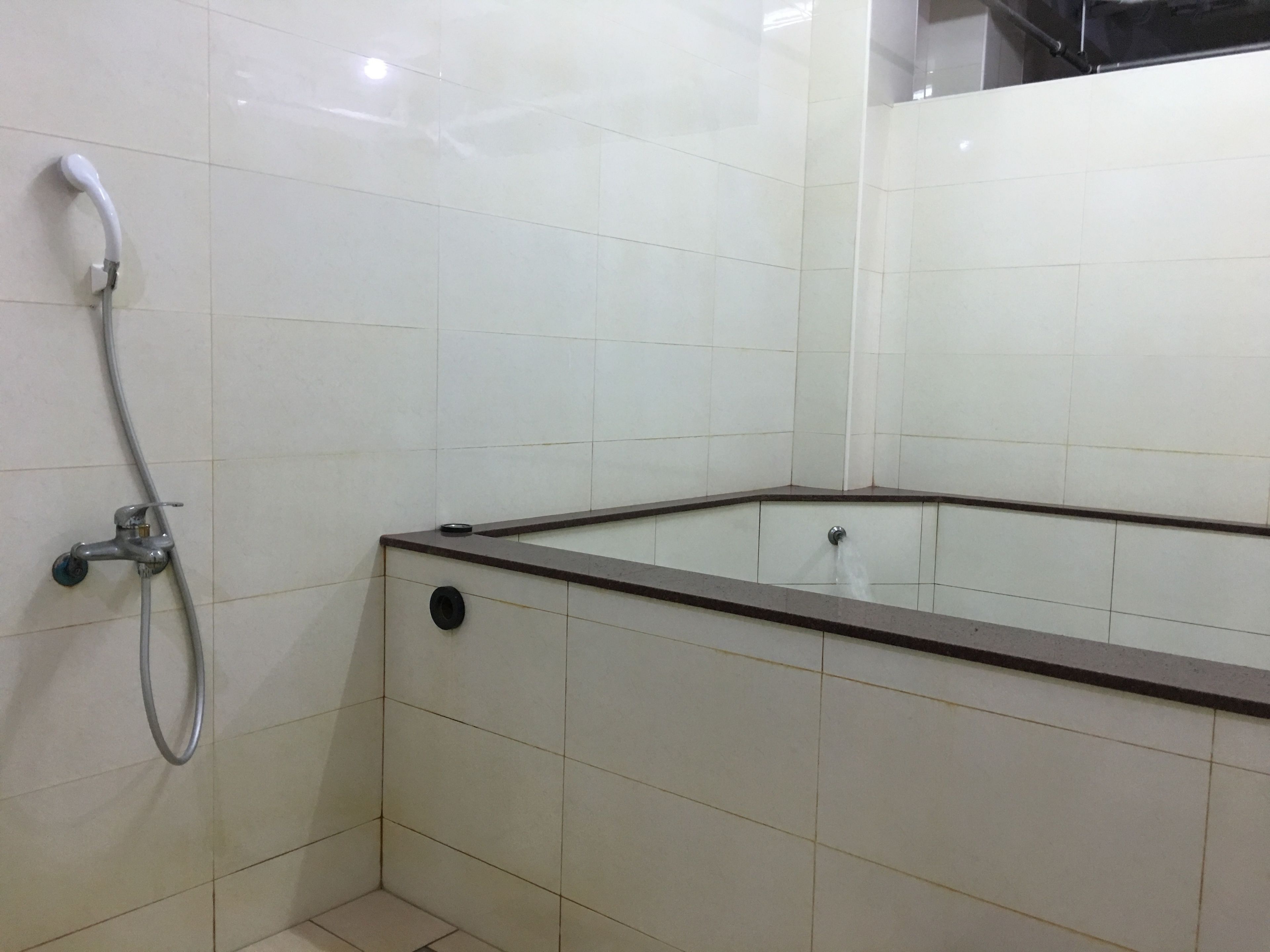 Área de duche com banheira curva, chuveiro manual e torneira fixada na parede.