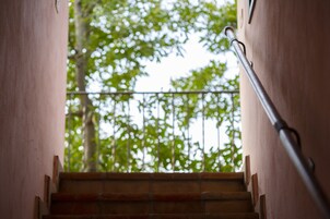 Uma escadaria com corrimão de metal que leva a uma varanda com vista para árvores.