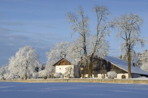 Paisagem coberta de neve com um celeiro rústico e árvores.
