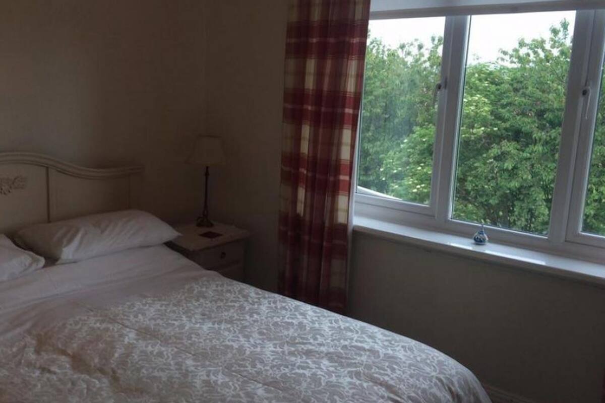 Um quarto com cama, mesa de cabeceira, luminária e janela com vista para árvores.