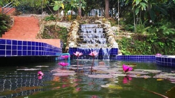 Uma cascata em um jardim com moldura de azulejos e flores de lótus na água.