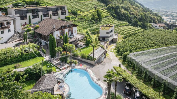 Um hotel moderno com piscina, vinhedos em socalcos e montanhas ao fundo.