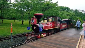 Um pequeno trem a vapor em trilhos de madeira num parque.