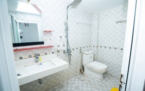 Quarto duplo | Banheiro | Chuveiro, produtos de toalete grátis, secador de cabelo, chinelos