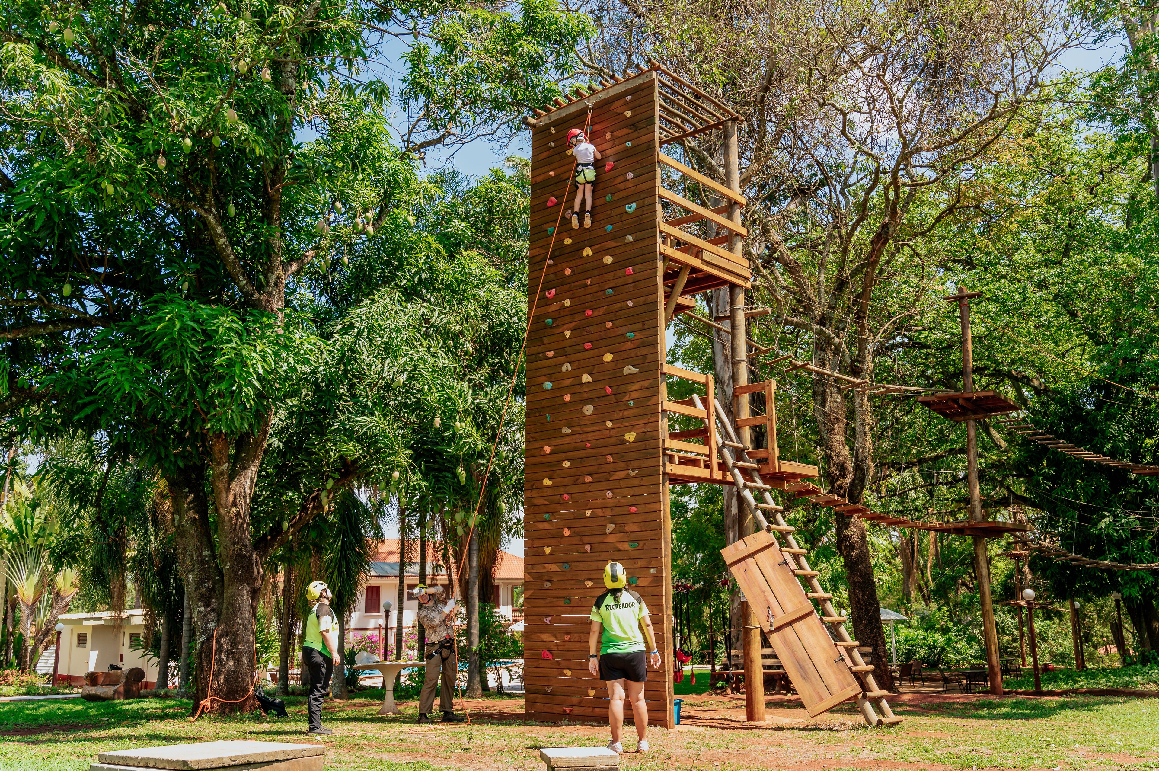 Uma parede de escalada com uma escada de madeira e uma ponte de corda em um parque.
