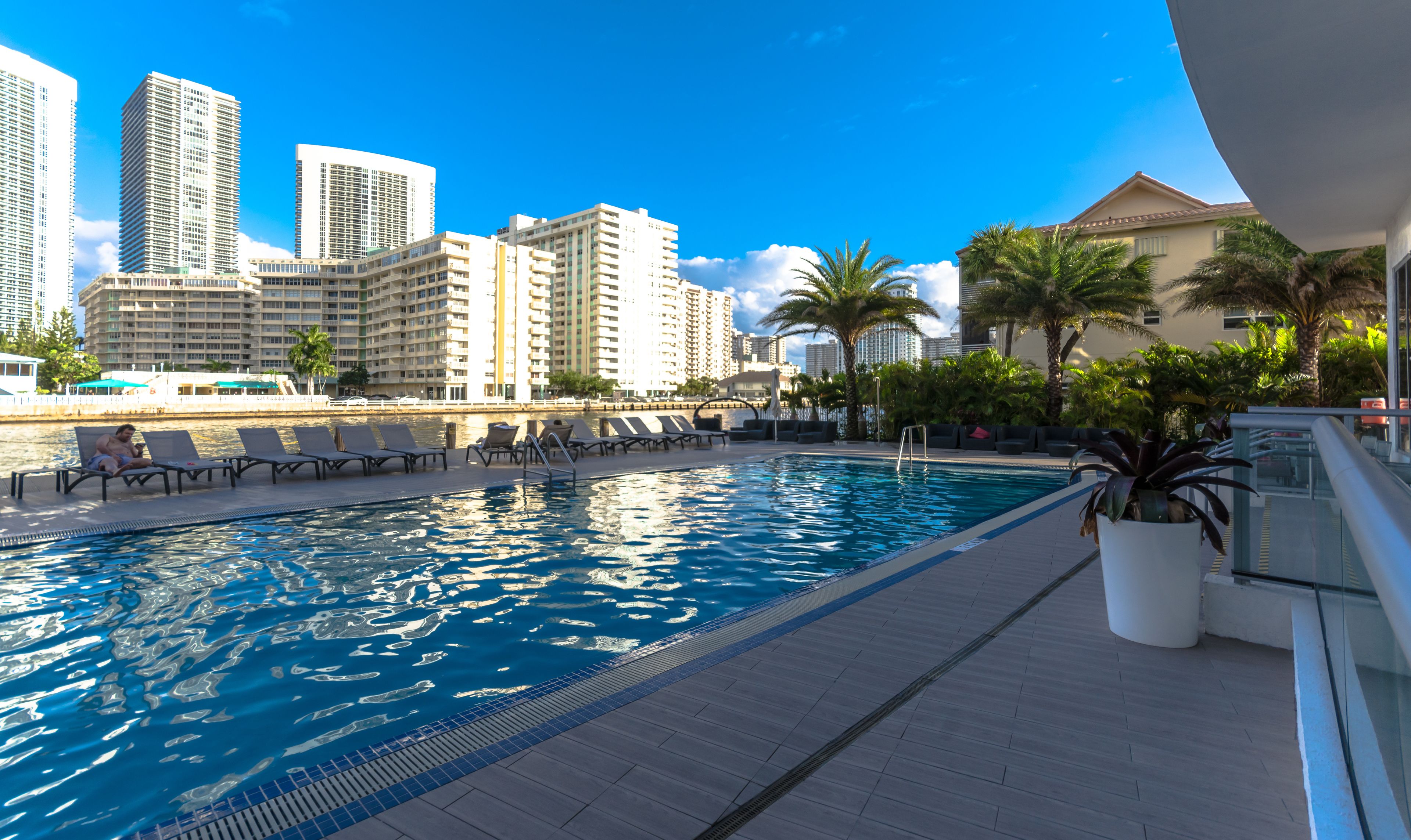 Piscina com espreguiçadeiras, um horizonte urbano ao fundo e palmeiras.