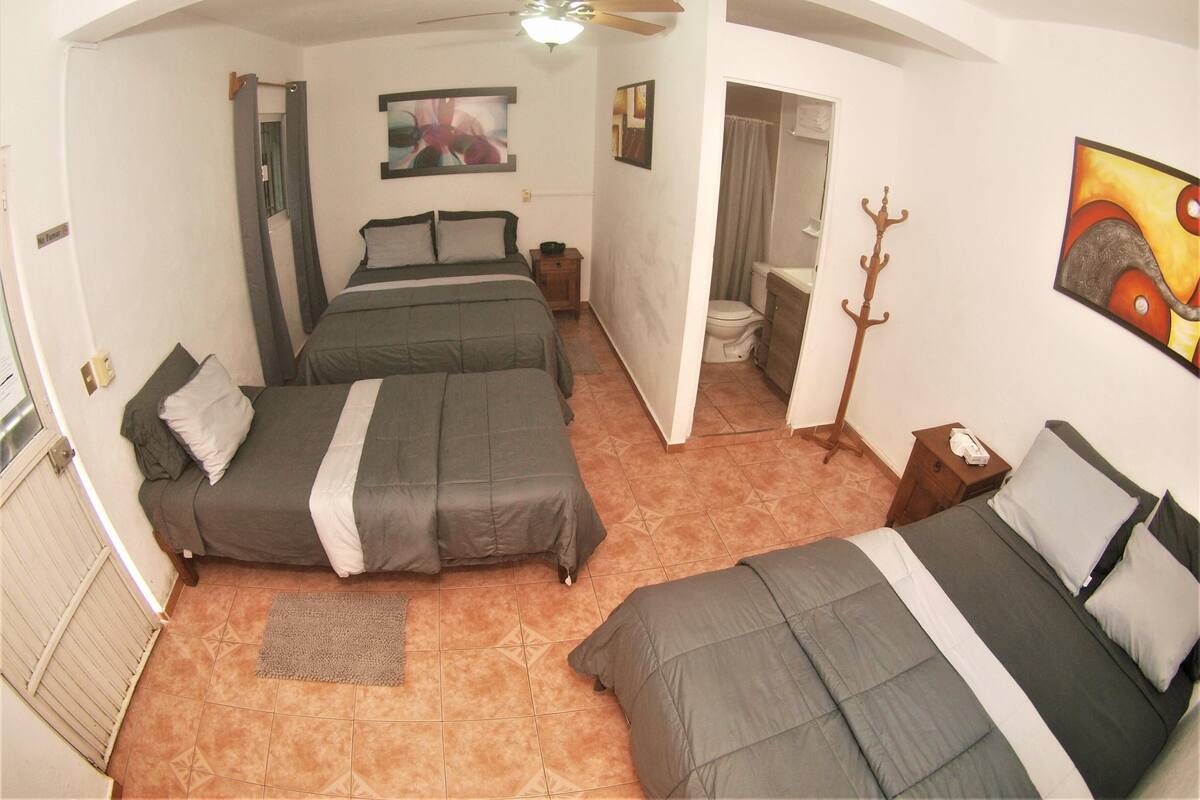 Quarto com duas camas, ventilador de teto, banheiro e um quadro na parede.