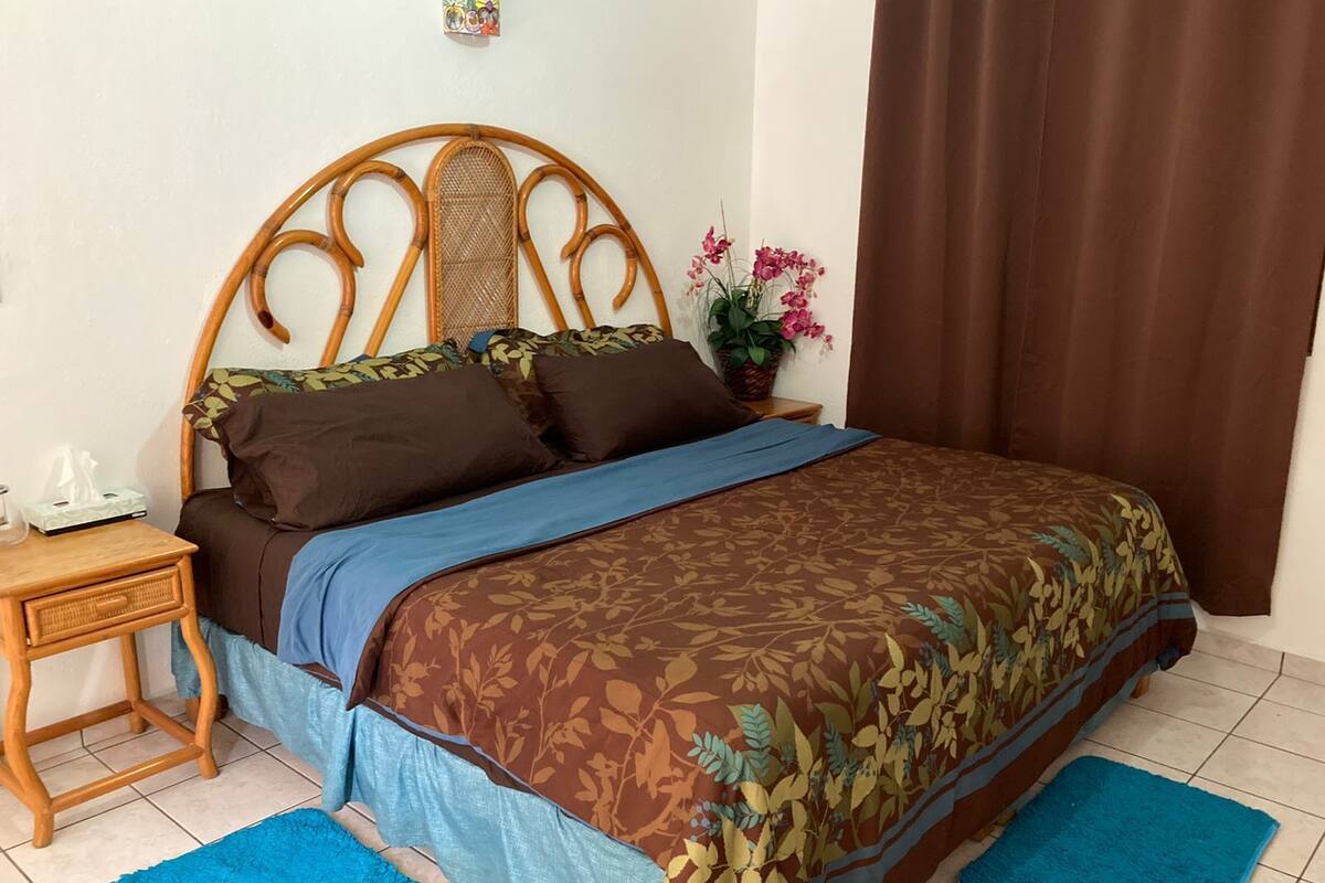 Uma cama bem arrumada com colcha florida, uma mesa de cabeceira de madeira com caixa de lenços, uma planta em vaso e um tapete azul no chão.