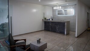 Uma área de recepção com balcão, uma cadeira, uma pequena mesa e um vaso de planta.
