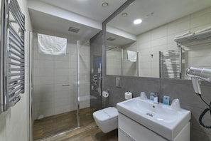 Uma casa de banho moderna com cabine de duche em vidro, uma sanita branca e um secador de cabelo.