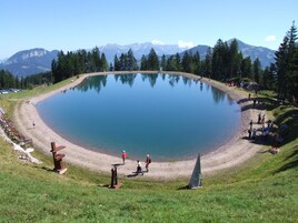 Um lago circular amplo rodeado por uma área gramada, com algumas pessoas caminhando.