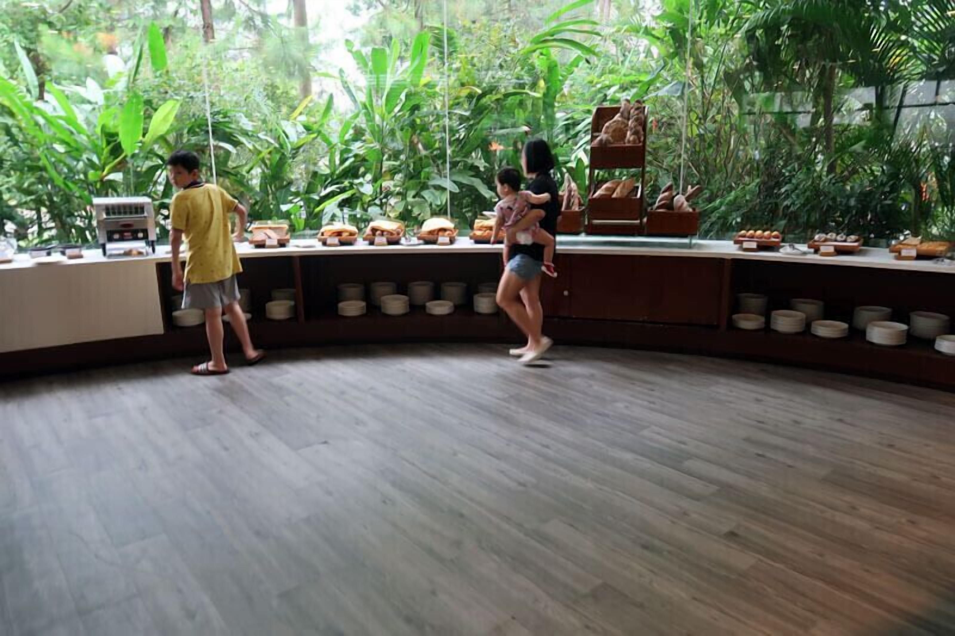 Um quarto com piso de madeira sinuoso, um balcão com produtos de panificação e um fundo de plantas verdes exuberantes.