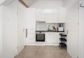 Apartamento júnior, 1 quarto, cozinha (incl. cleaning fee of 120 CHF) | Cozinha privada | Geladeira, micro-ondas, fogão, cooktop