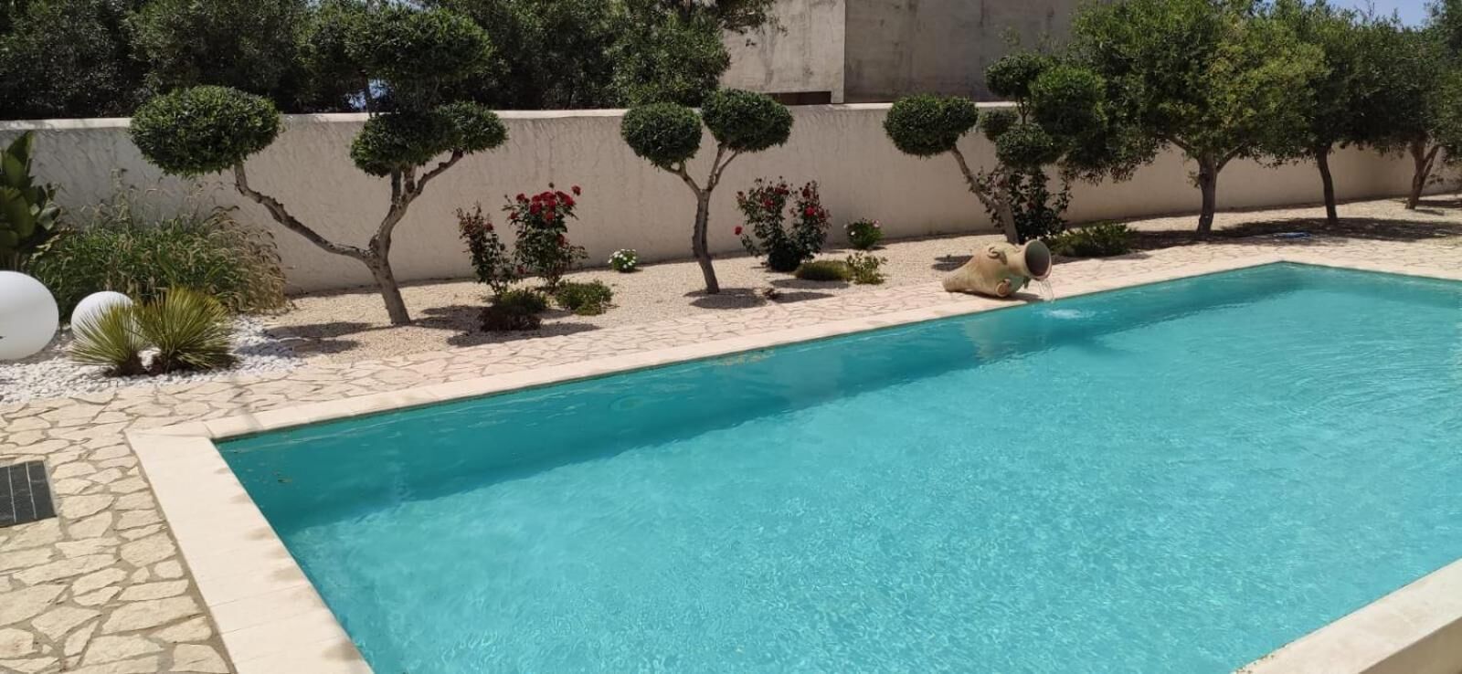 Uma piscina retangular com borda revestida em azulejo, rodeada por um muro de pedra baixo e diversos arbustos e pequenas árvores.