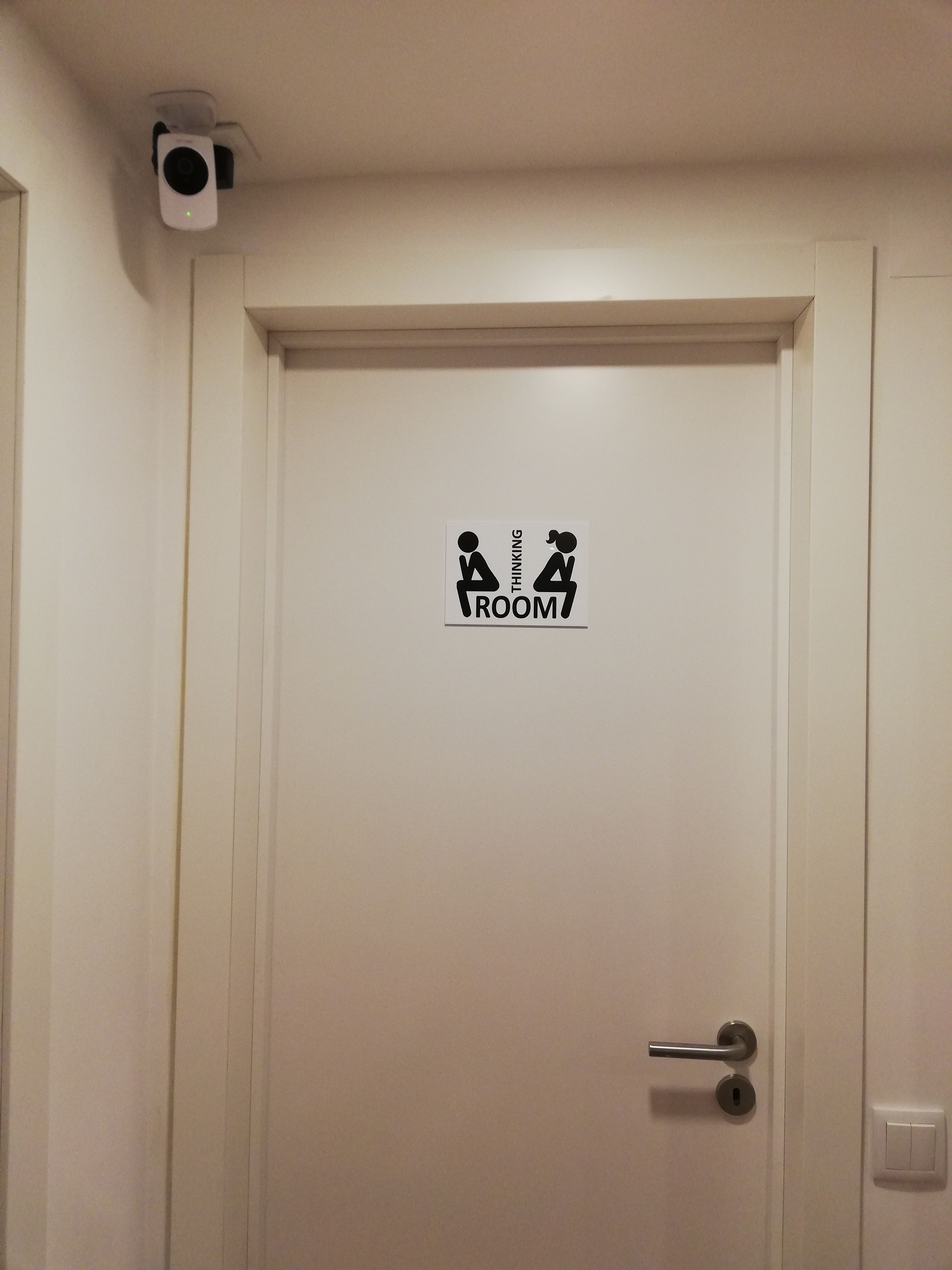 Uma porta branca com uma placa que diz "Thinking Room", uma maçaneta e um interruptor de luz.