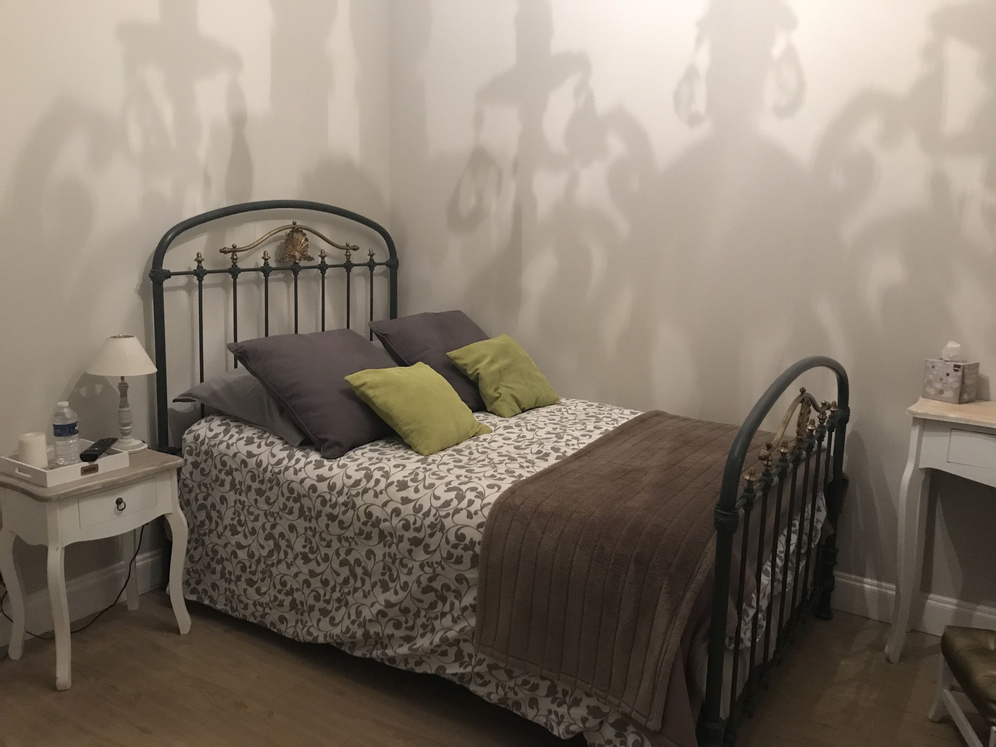 Cama bem arrumada com colcha estampada, dois travesseiros, abajur e mesa de cabeceira com controle remoto e uma garrafa.