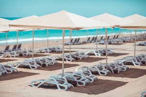 Uma praia com fileiras de espreguiçadeiras e guarda-sóis.