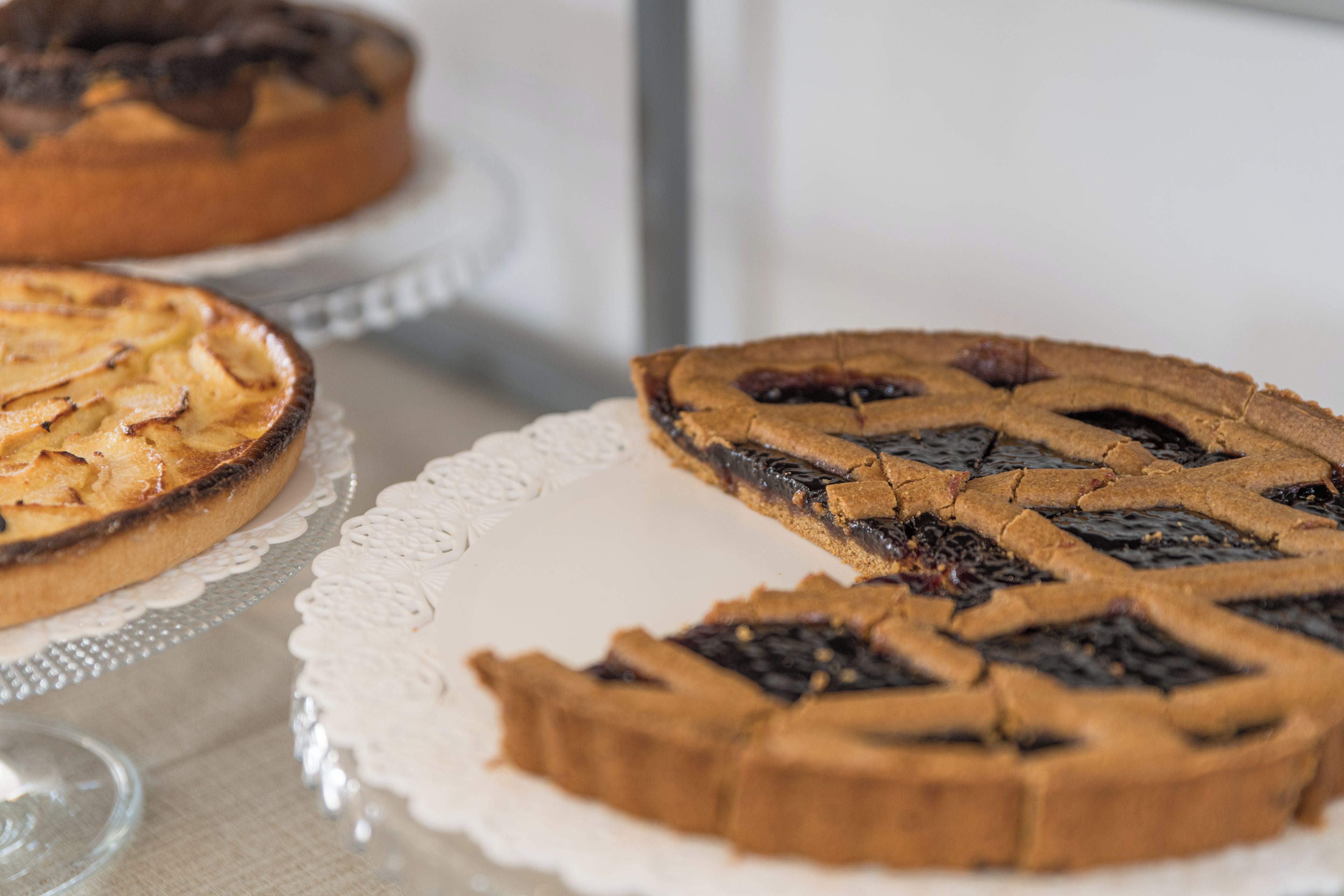 Uma torta com cobertura em treliça sobre um prato branco.