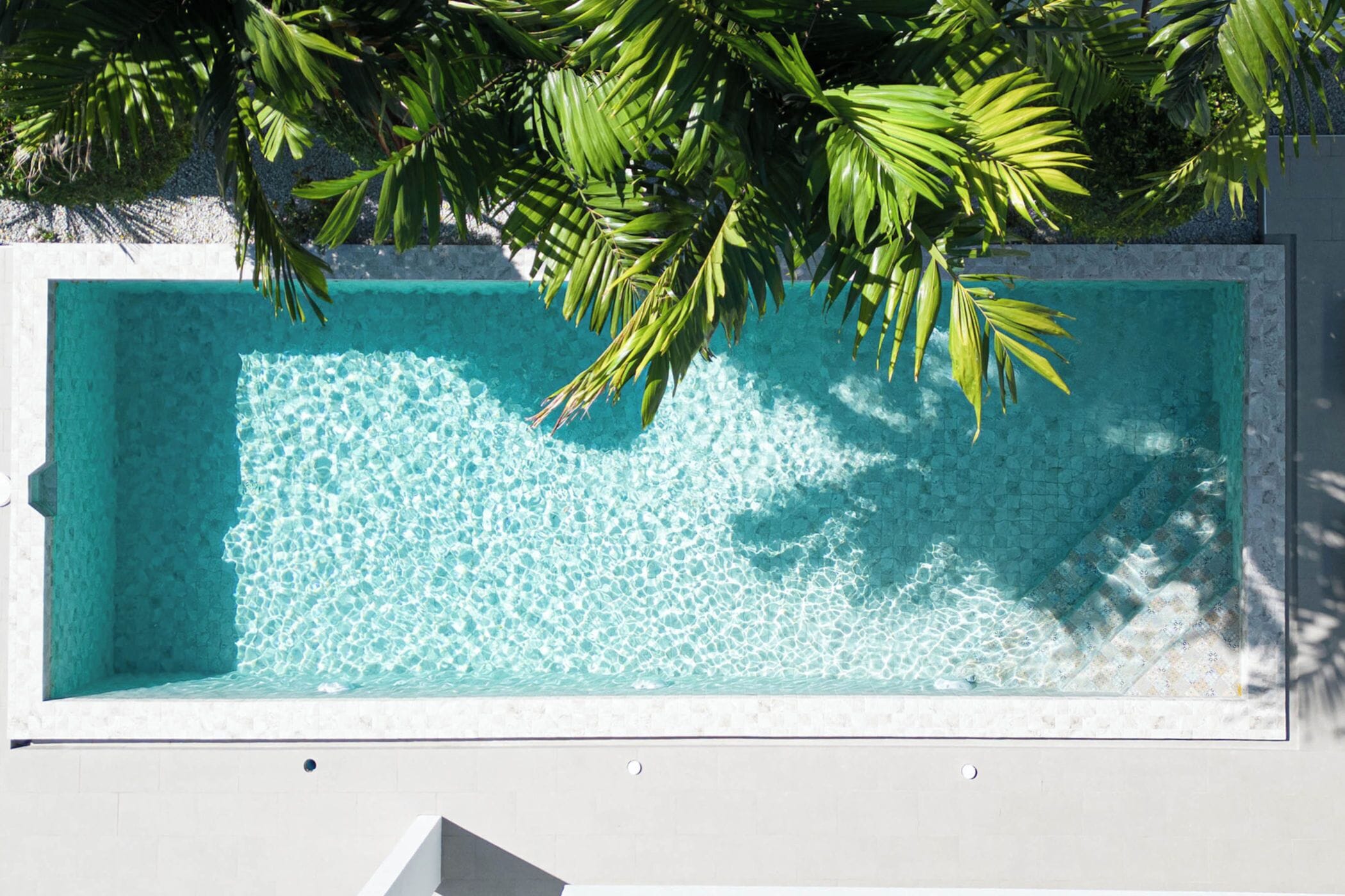 Uma piscina retangular com água azul cristalina, rodeada por um deck de ladrilhos brancos e palmeiras.