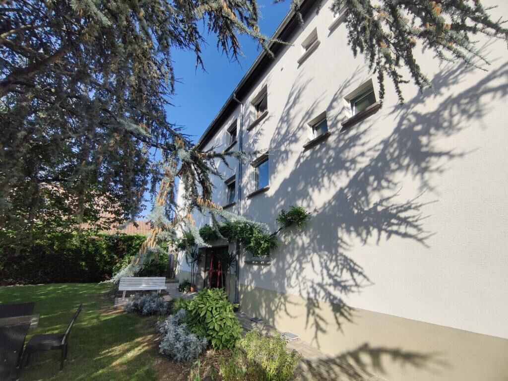 Um edifício com fachada branca, um pequeno jardim com um banco e uma árvore projetando sombras.