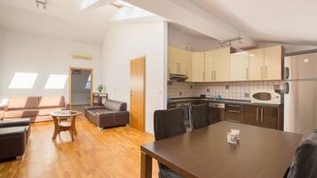 Apartamento, várias camas, não fumadores, Vista para a cidade | Kitchenette privada | Um frigorífico/congelador grande, um forno, uma placa de cozinha