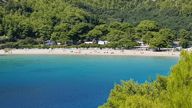 Uma praia costeira com águas azuis cristalinas, rodeada por árvores verdes densas e alguns edifícios ao fundo.