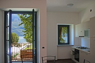 Geladeira grande, fogão, cooktop, talheres/pratos/utensílios de cozinha