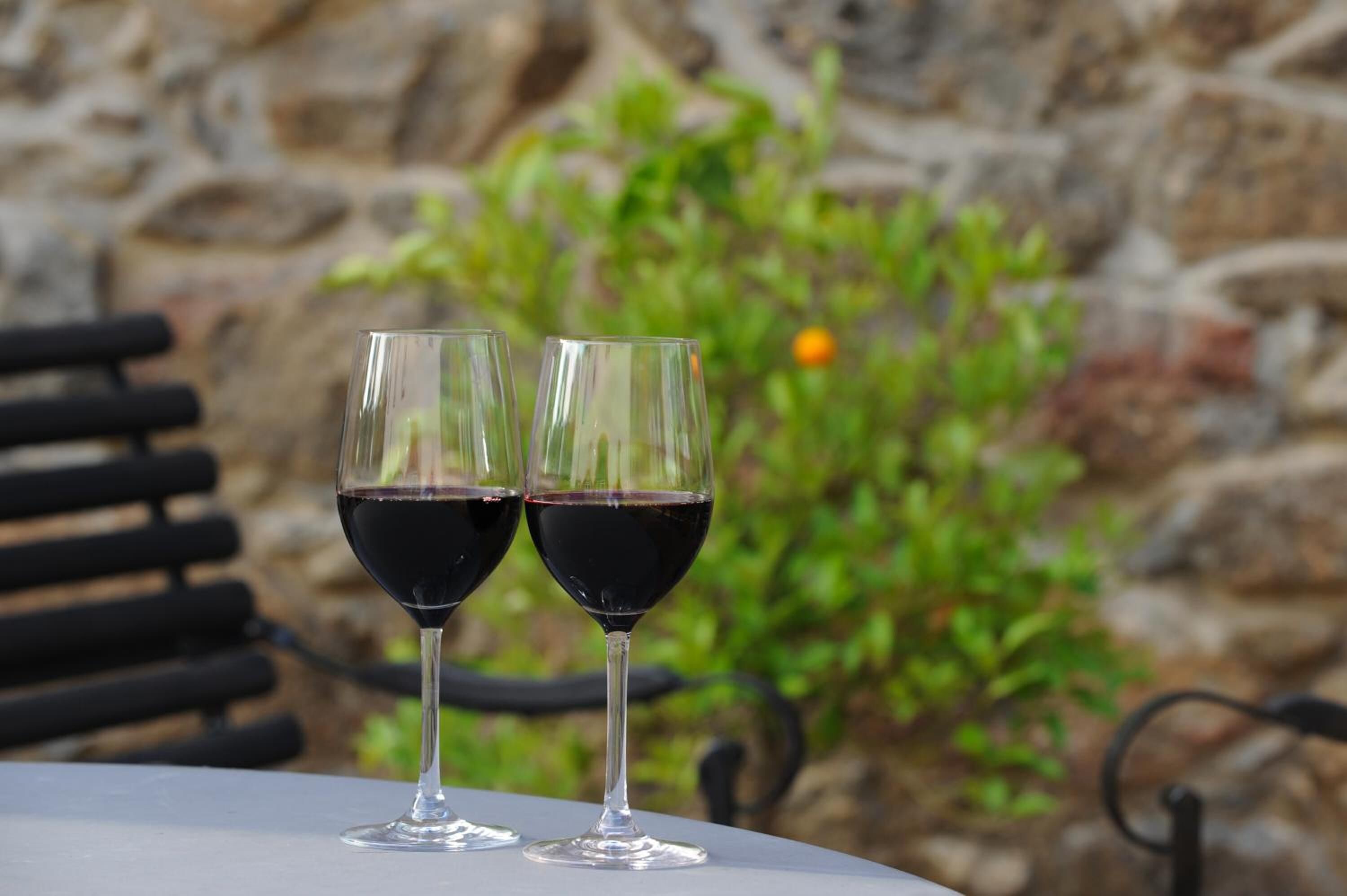 Duas taças de vinho sobre uma mesa, com um muro de pedra e vegetação ao fundo.