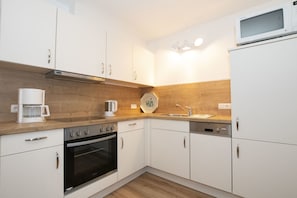Apartamento, 1 quarto (Nr. 7) | Cozinha privada | Um frigorífico, uma placa de cozinha, uma máquina de lavar louça 