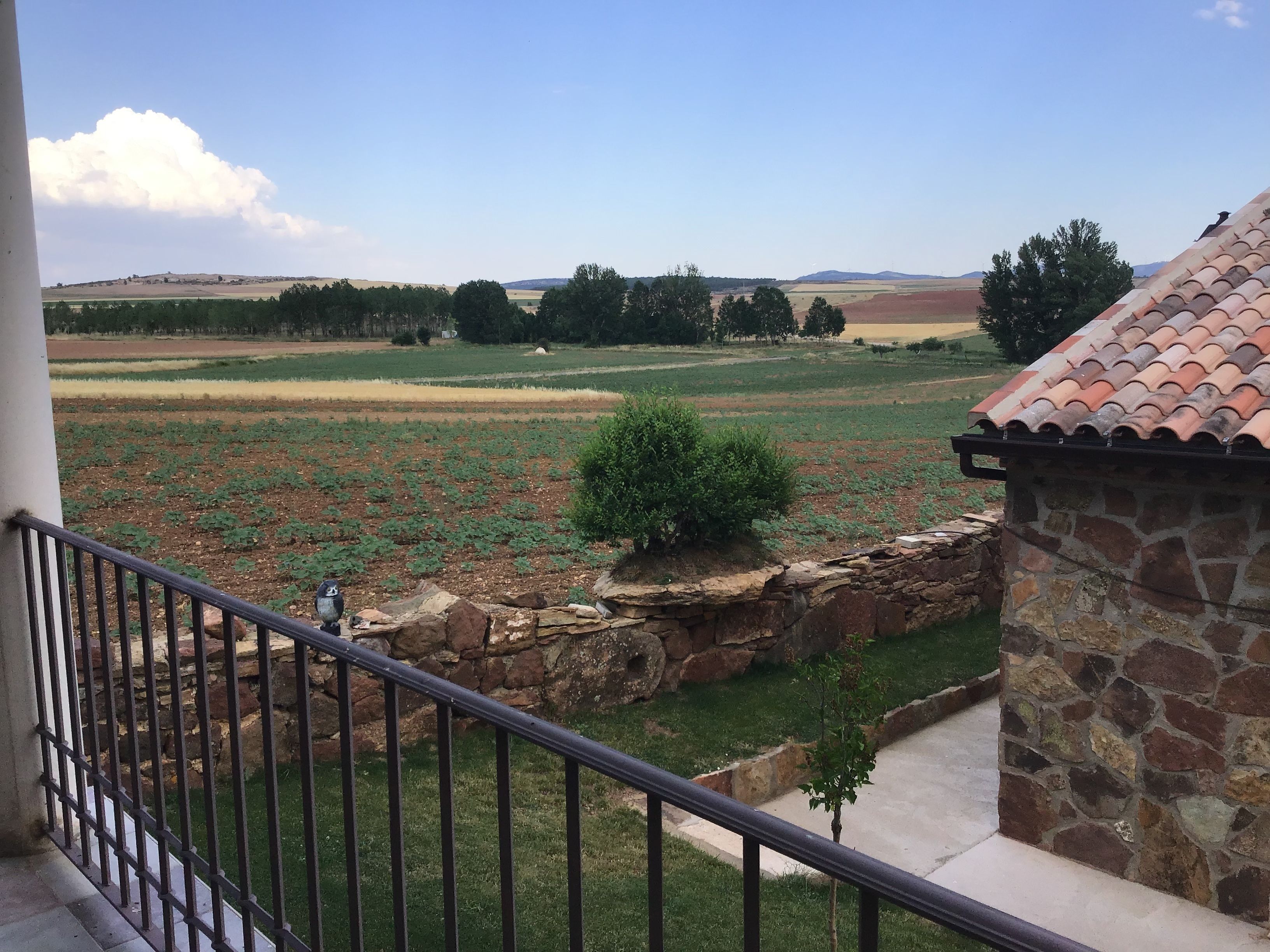 Varanda com parede de pedra e telhado de telhas, com vista para um campo com plantações e colinas ao longe.