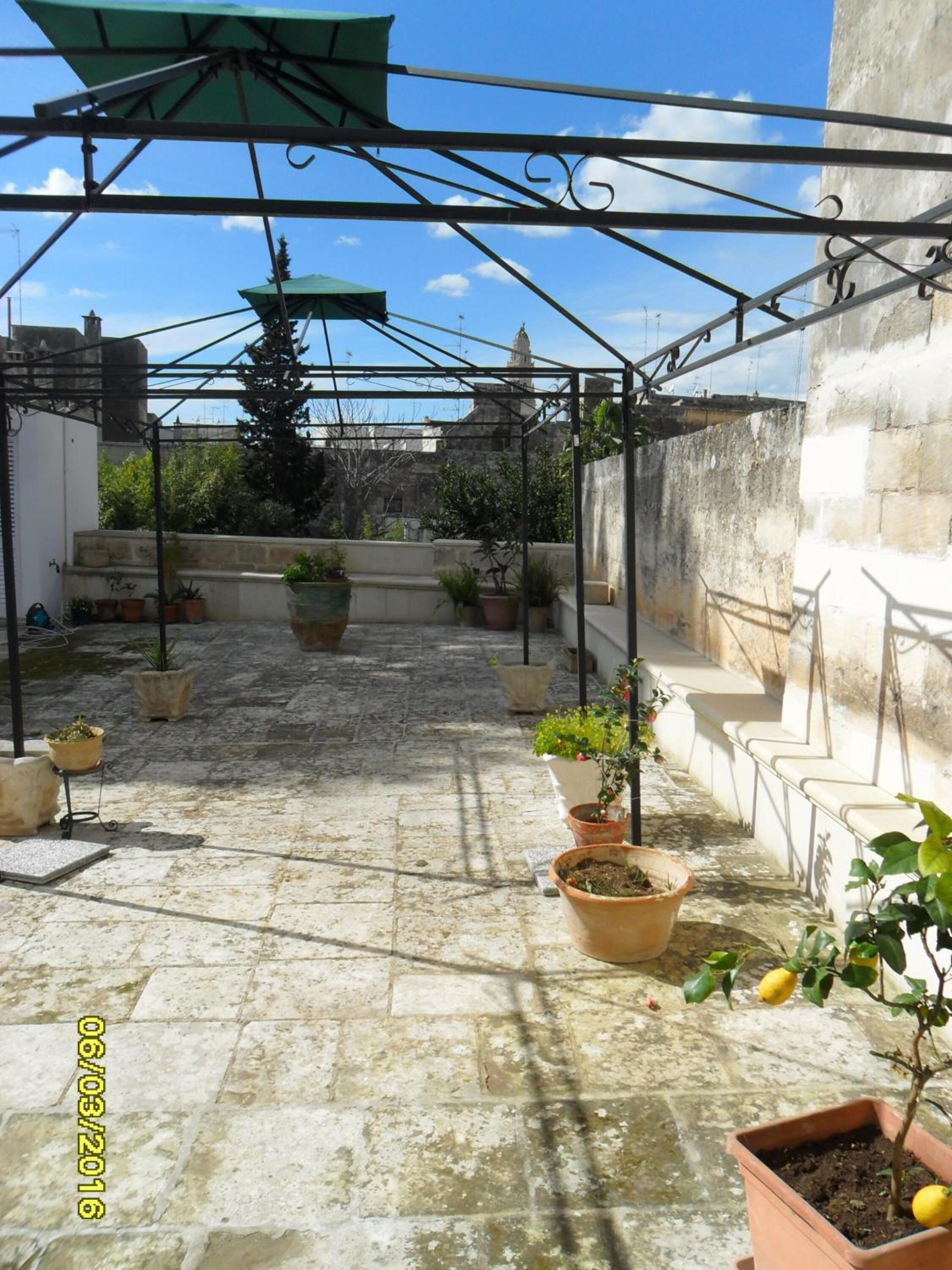 Um terraço no telhado com vasos de plantas, uma pérgula de metal e vista para edifícios ao fundo.