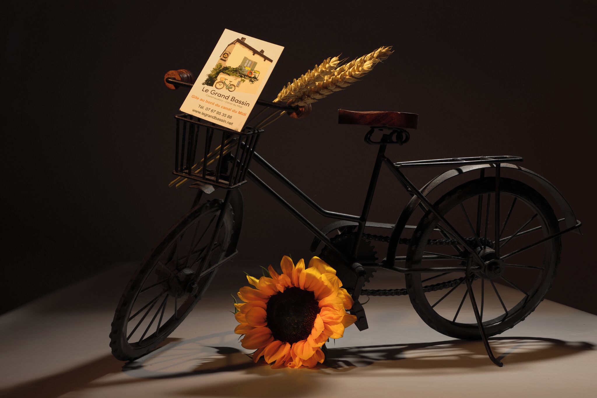 Bicicleta com cesta, um girassol e um banquinho de madeira.