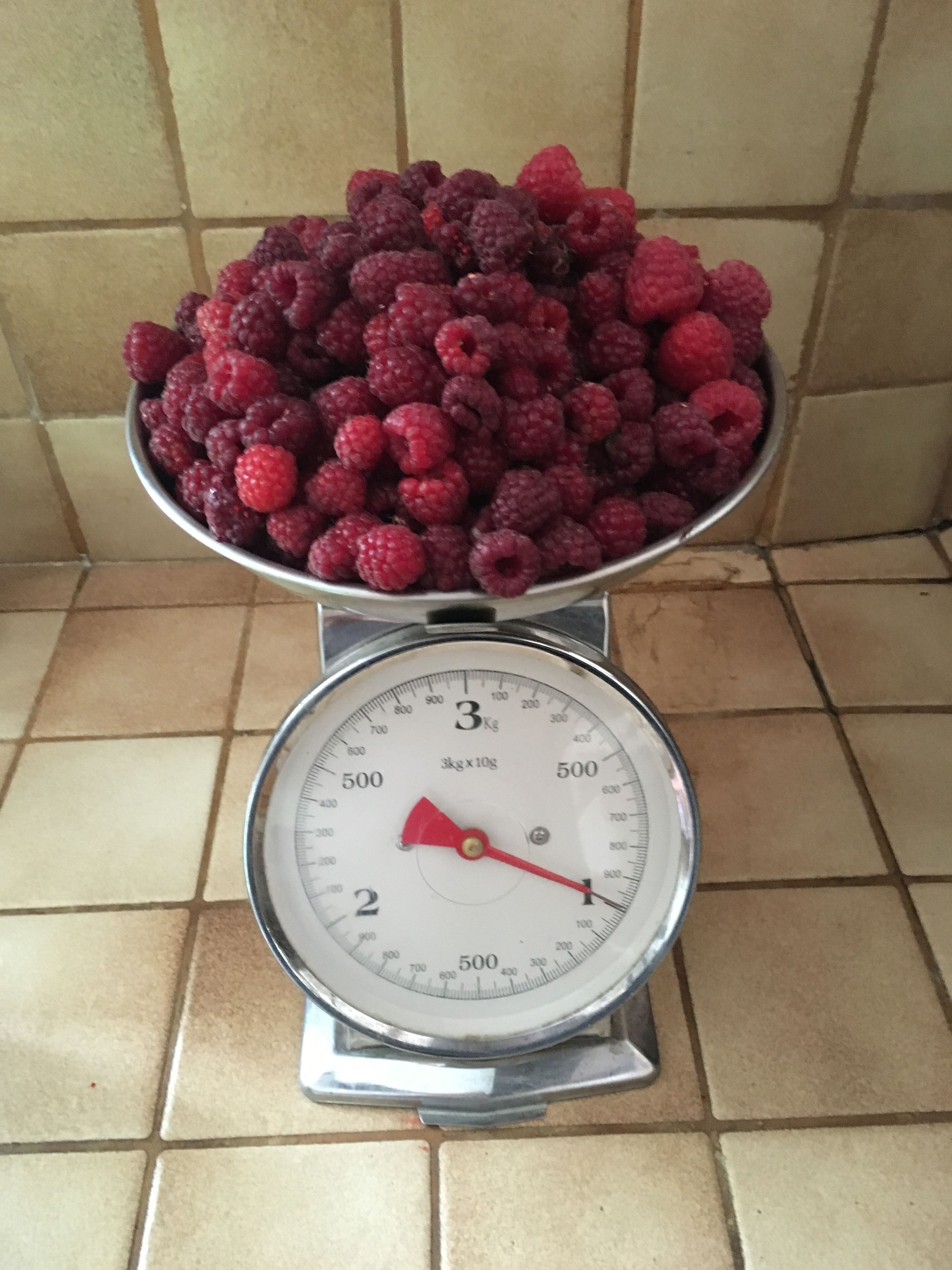 Uma balança de cozinha com uma tigela cheia de framboesas.