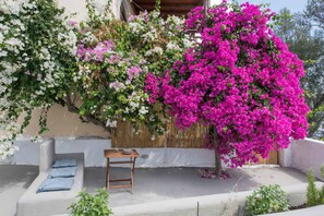 Uma varanda com mesa de madeira e almofadas azuis, rodeada por buganvílias exuberantes e flores brancas.