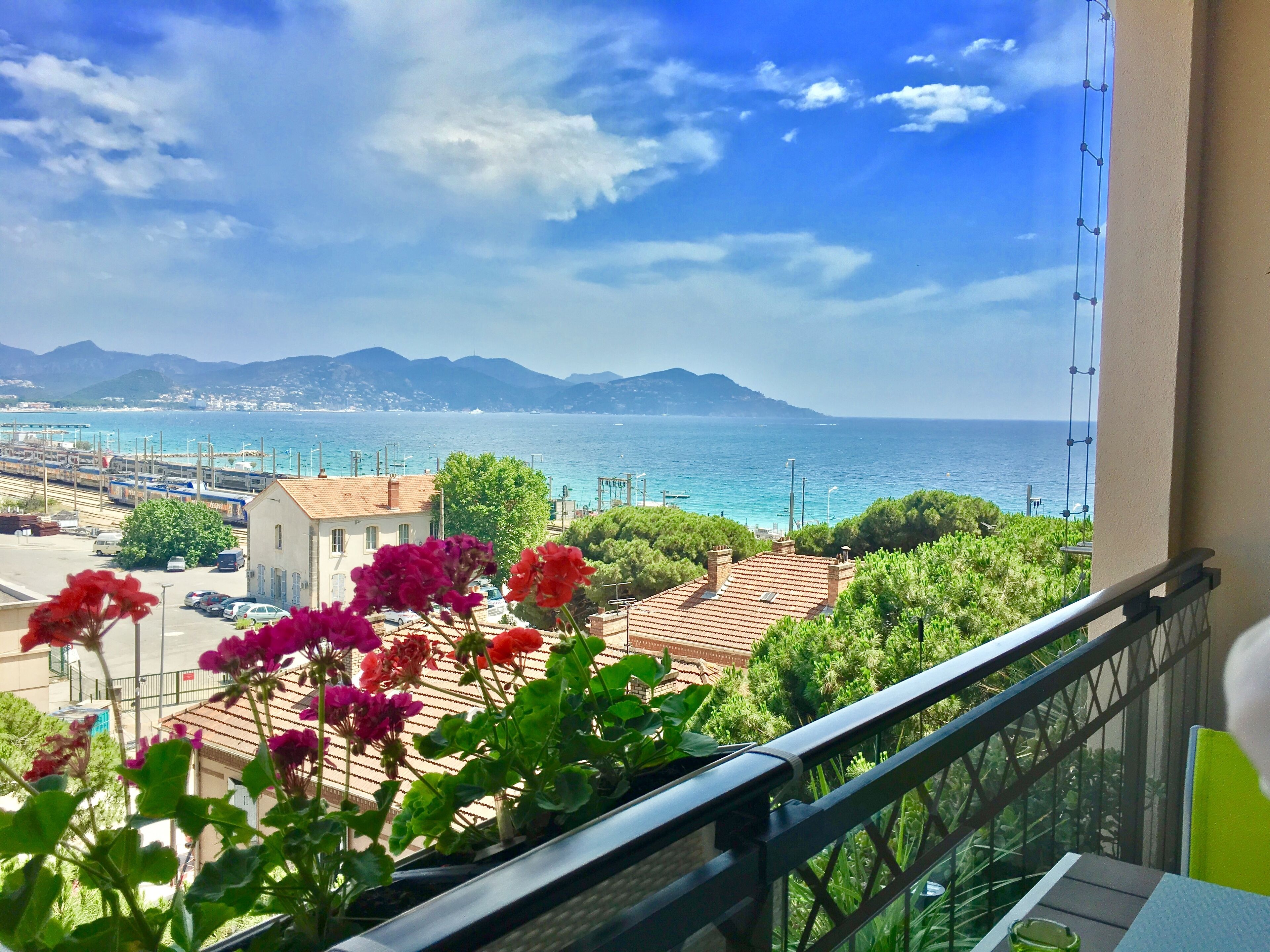 Uma varanda com vista para o mar, um prédio pequeno e algumas flores.