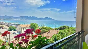 Uma varanda com vista para o mar, um prédio pequeno e algumas flores.
