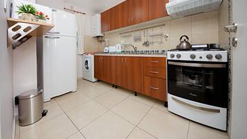 Apartamento, várias camas, para não fumantes, vista para a cidade | Cozinha privada | Geladeira, micro-ondas, fogão, cafeteira/chaleira
