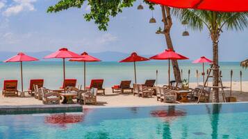 Piscina externa, guarda-sóis, espreguiçadeiras