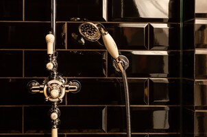 Um polibã, um chuveiro fixo, artigos de higiene pessoal grátis 