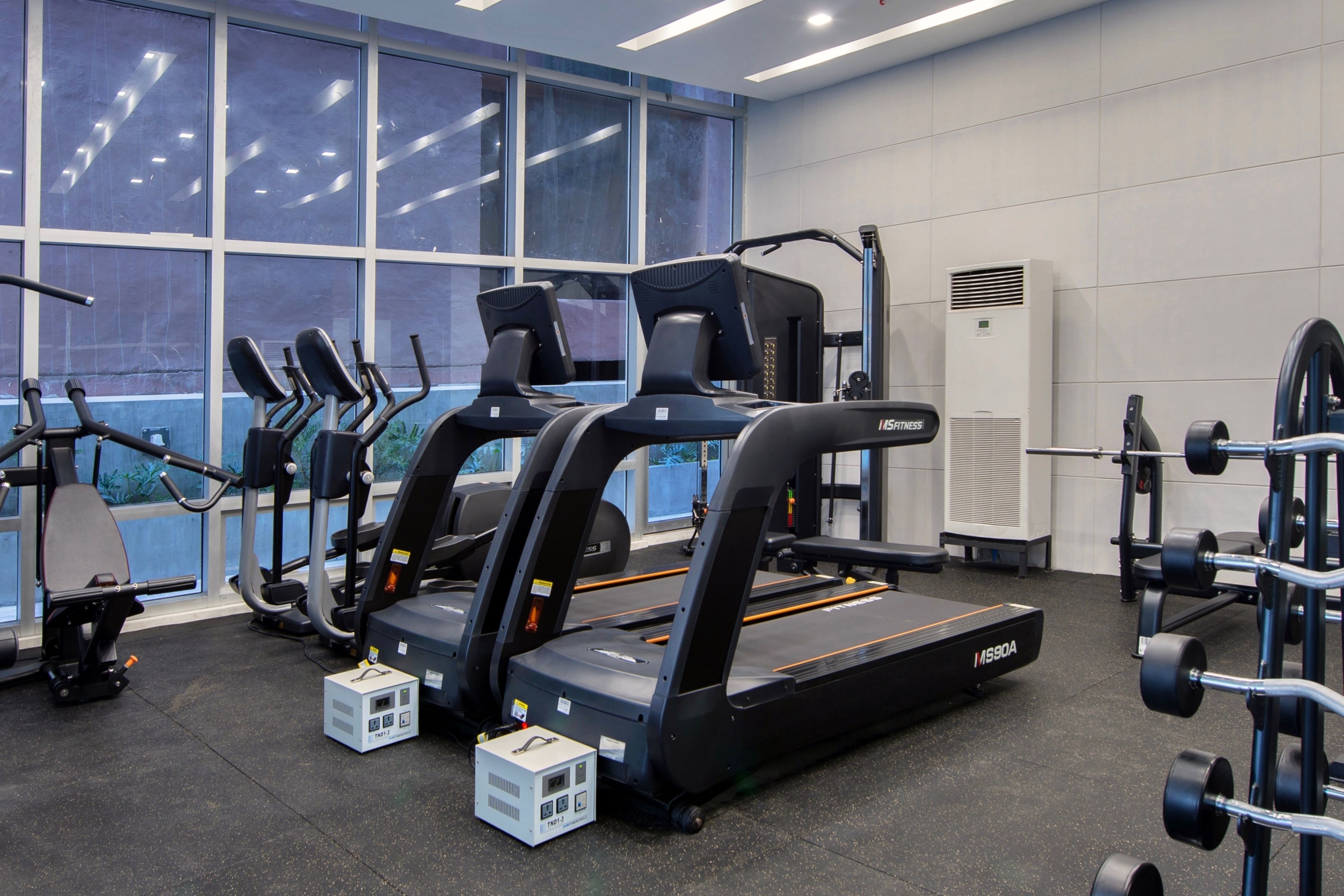 Uma academia com esteiras, elípticos e equipamentos de musculação.