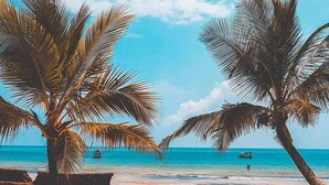 Uma praia com palmeiras e um céu azul límpido.