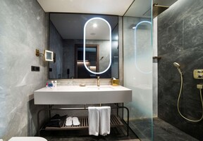 Casa de banho moderna com um espelho grande, uma luz redonda acima do espelho, um chuveiro manual e um porta-toalhas com toalhas.