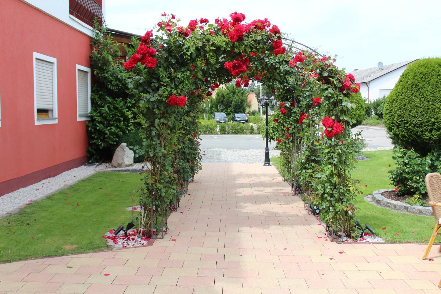 Um caminho de tijolos leva a um arco coberto de rosas, com uma cadeira e pétalas de rosa espalhadas na grama.