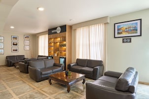 Sala de estar moderna com sofás de couro, uma mesa de centro e um minibar.