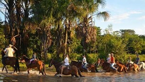 Um grupo de pessoas a cavalo atravessa um trecho raso de água, em meio a vegetação exuberante e árvores altas.