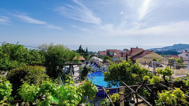 Área residencial com piscina, vinhedo e casas com telhados vermelhos.